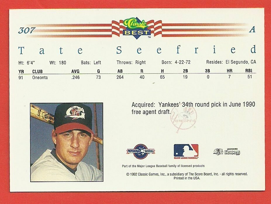TATE SEEFRIED - 1992 Classic/Best #307 Minor League Autographed Card | eBay