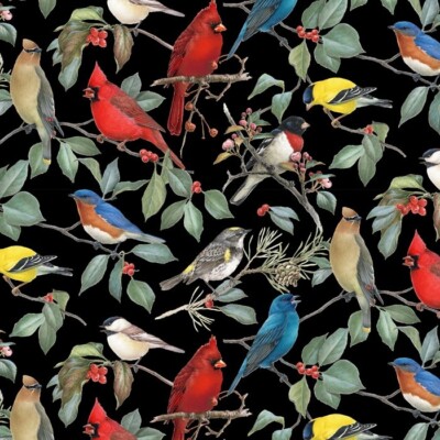 Bird Fabric - Wild Wings Birds & Hollies on Black - David Textiles YARD ...