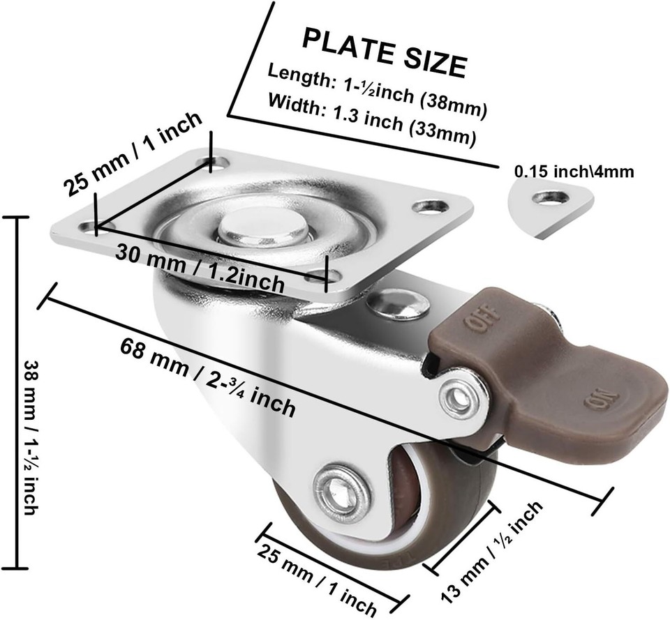 1-Inch Casters Set of 4 Small Low Profile Caster with Locking Brake ...