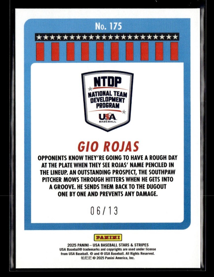 2025 Panini Stars and Stripes USA Baseball #175 Gio Rojas America #/13 ...