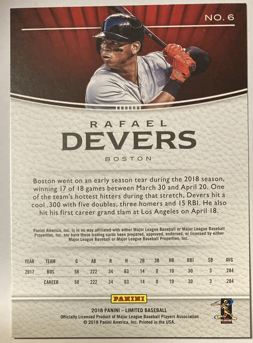 Rafael Devers 2018 LIMITED Rookie Card #6 (1156) | eBay