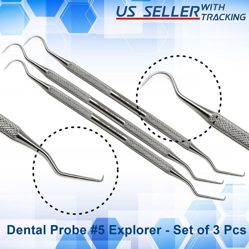 3 Pcs Dental Probe Explorer #5 Surgical Instruments Stainless Steel ...