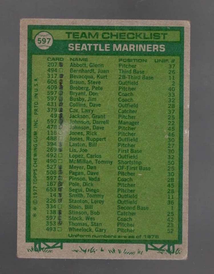 1977 Topps Seattle Mariners Team / Darrell Johnson #597 Good (marked ...