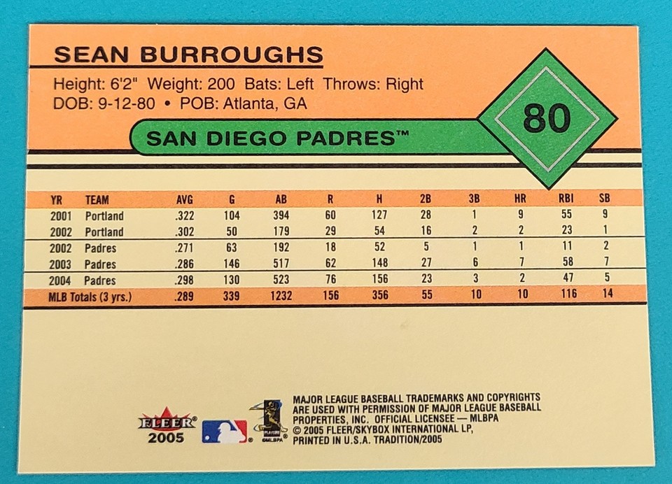 2005 Fleer Tradition #80 Sean Burroughs San Diego Padres Baseball Card ...