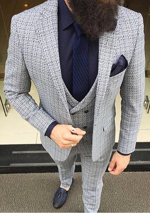 Designer Business Blue Boucle Suit Fitted Jacket Trousers Vest Slim Fit ...