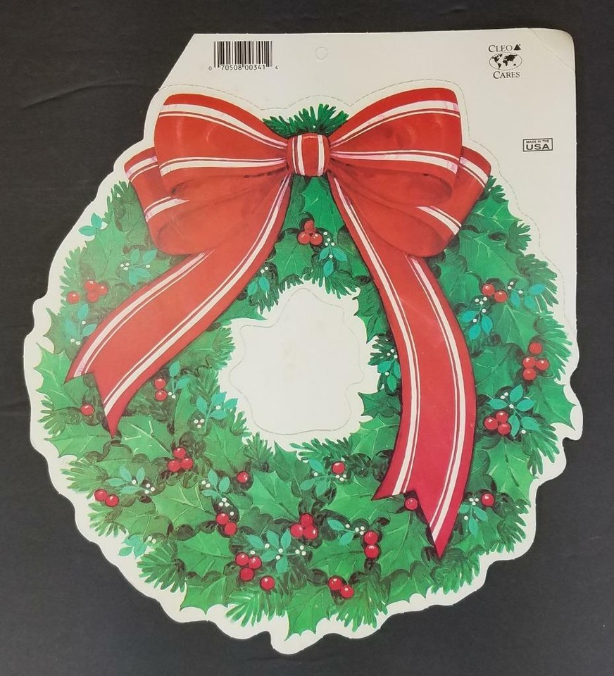Cleo Die Cut Holly Wreath Red Ribbon Bow Flocked One Side Window ...