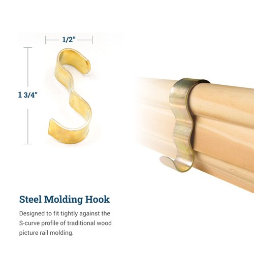 Molding Hooks - 100 Pack - Picture Rail Hangers - Brass Plated Steel ...