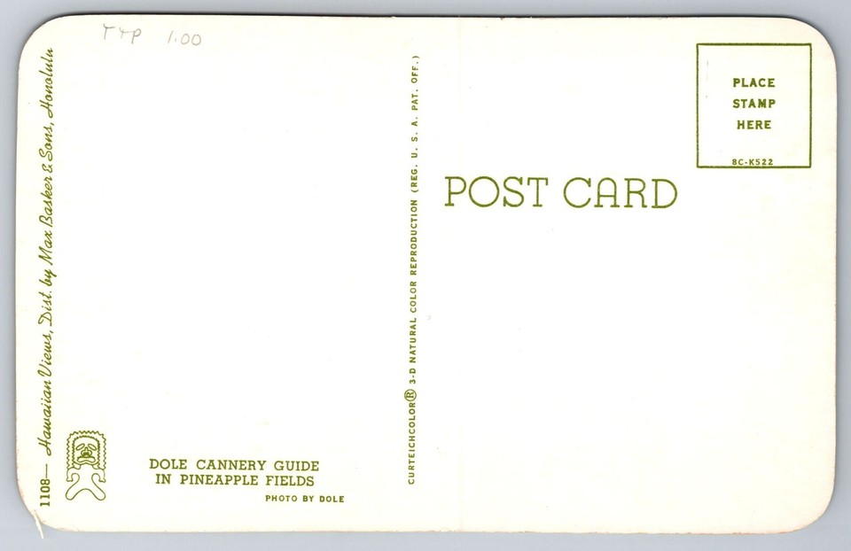 Hawaii Postcard Dole Cannery Guide in Pineapple Fields Honolulul HI ...