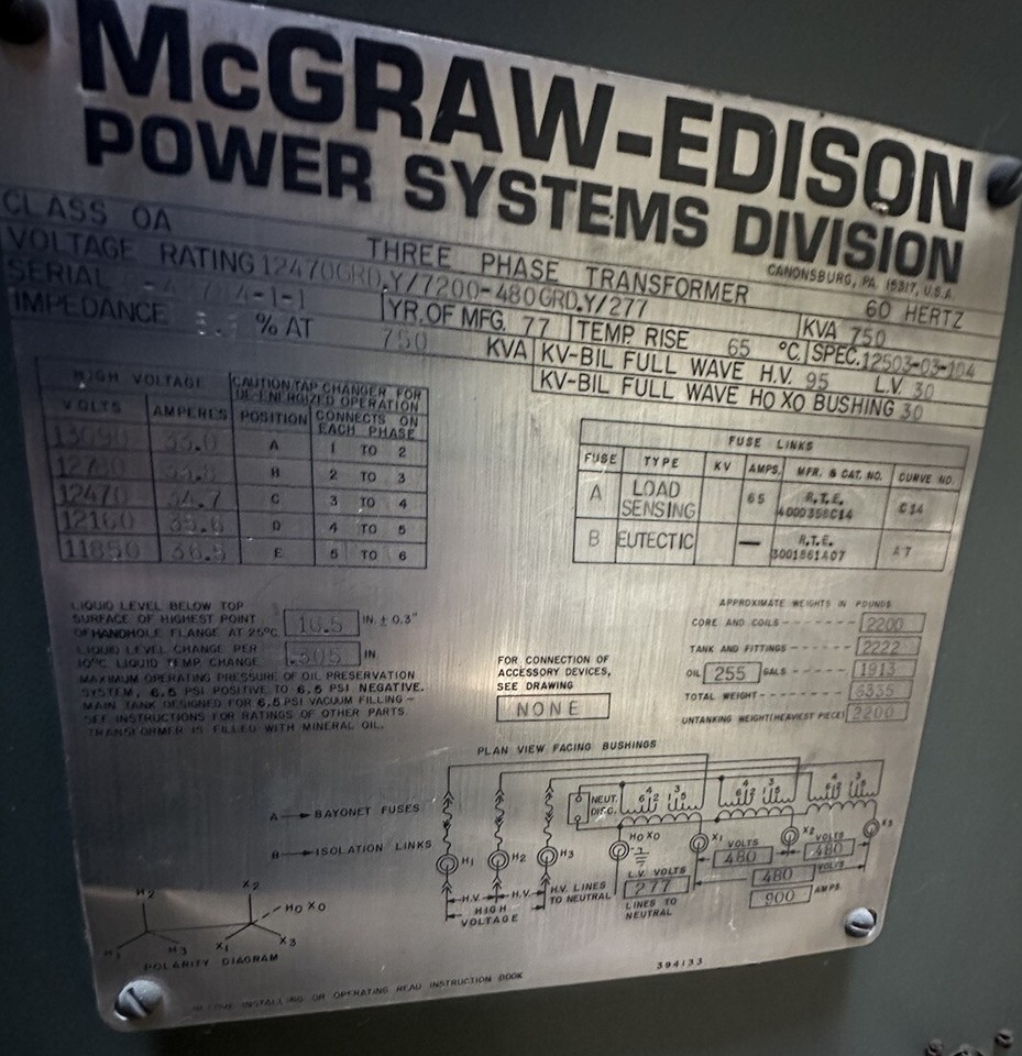 McGraw-Edison,Padmount Transformer,750 KVA 12470GRDY/7200-480GRDY/277 ...