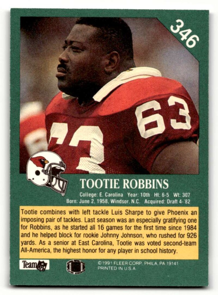 1991 Fleer #346 Tootie Robbins Phoenix Cardinals Football Cards NM N ID ...