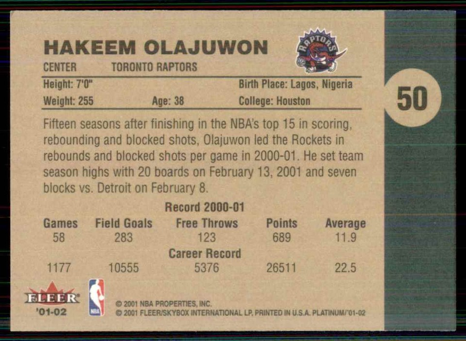 2001-02 Fleer Platinum Hakeem Olajuwon Toronto Raptors #50 | eBay