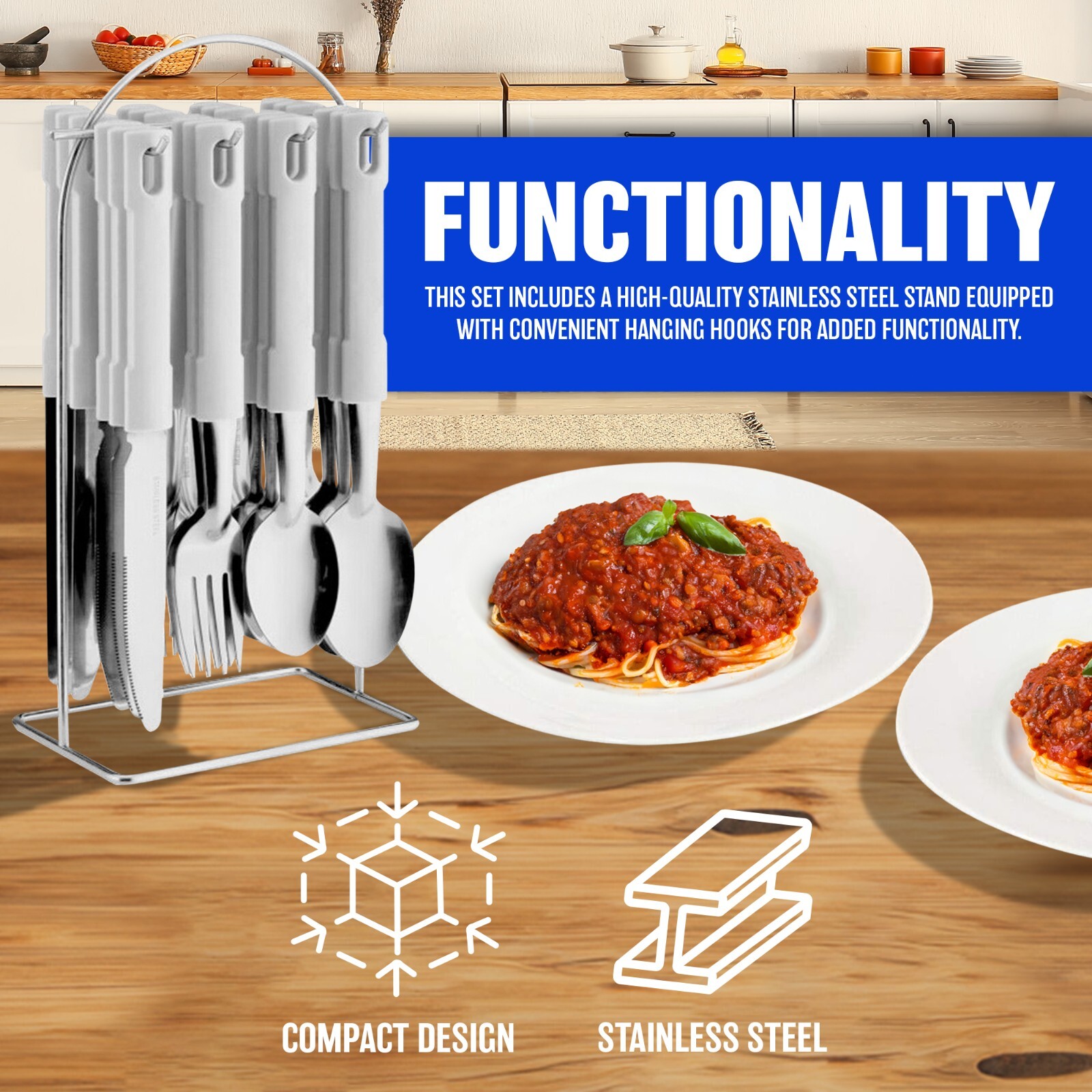 24PC WHITE CUTLERY SET STAINLESS STEEL STAND UTENSIL FORK SPOON HOLDER ...