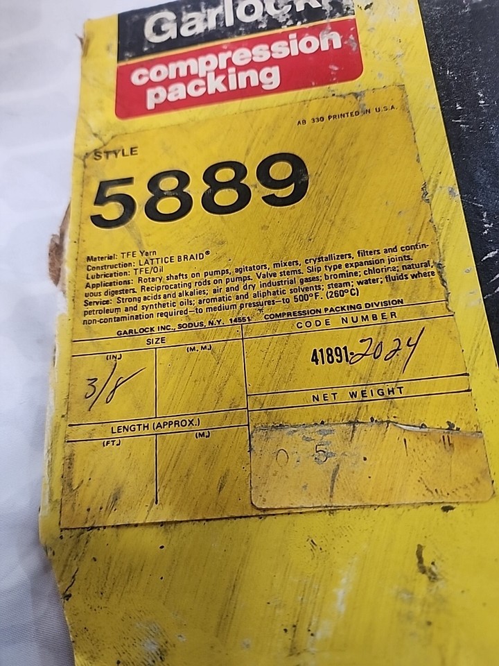 Garlock STYLE 5889 Compression Packing ⅜ in 1lb TFE Yarn - Full Spool ...