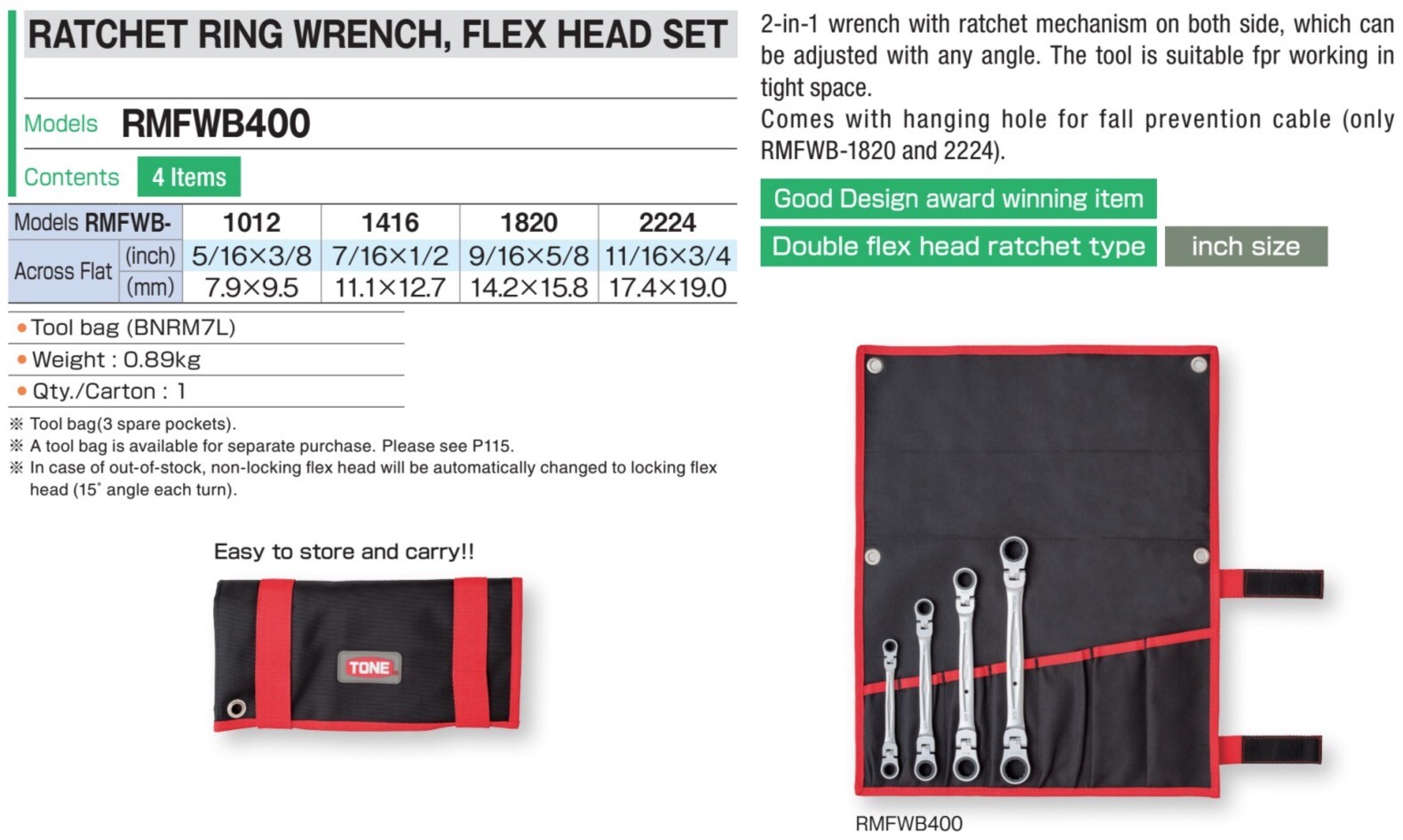 TONE 5/16"-3/4" Ratchet Ring Wrench Flex Head Set RMFWB400 4pc JAPAN | eBay