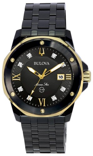 Bulova Marine Star Diamond Accents Black Dial Quartz 98D176 100M Mens ...