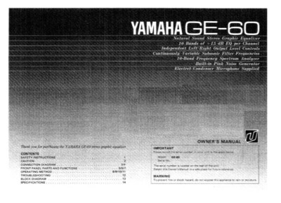 Yamaha GE-60 Stereo Graphic Equalizer Operating Instruction EQ - USER ...