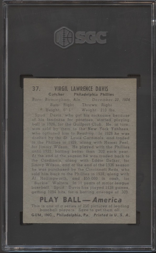 1939 Play Ball #37 Virgil Davis SGC 6 | eBay