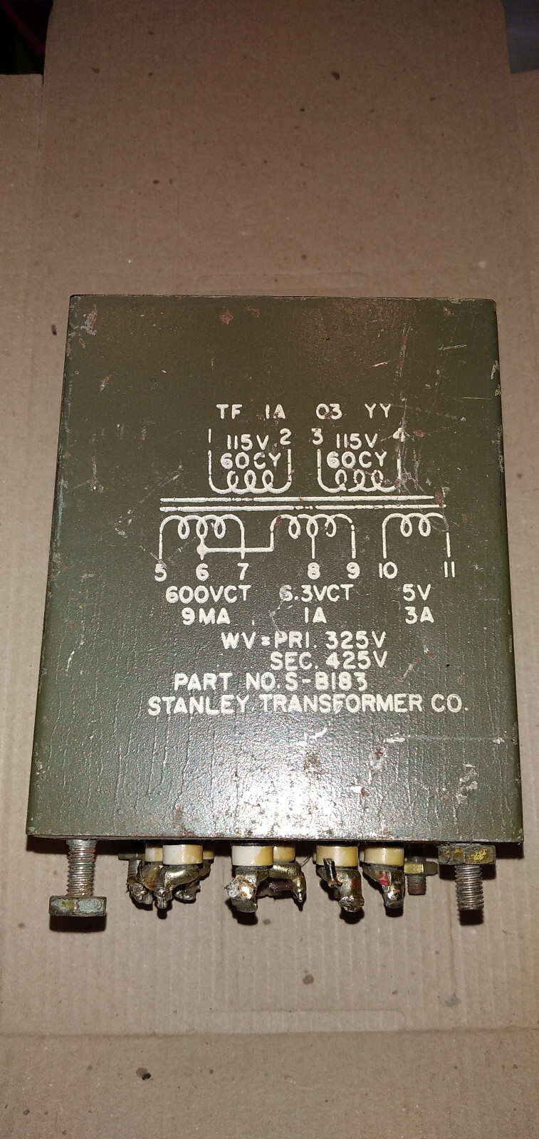 Stanley TF 1A 03 YY Vintage Transformer S-B183 110V INPUT. 600V, 6.3V ...