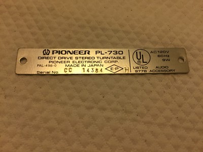 Pioneer PL-730 Turntable Rear Badge | eBay