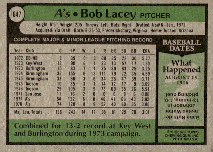 1979 Topps #647 Bob Lacey very good | eBay