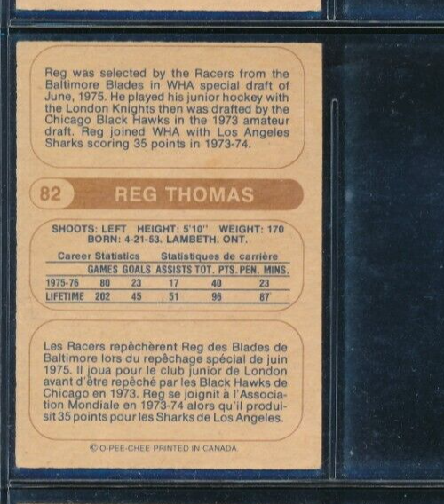1976-77 O-Pee-Chee #82 Reg Thomas Racers Signed Autograph (HM61) SWSW6 ...