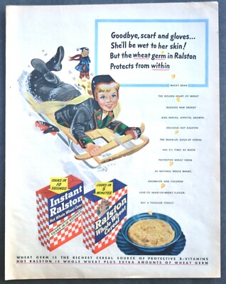 1941 Ralston Instant Whole Wheat Cereal AD Vintage Print Ad Sledding ...