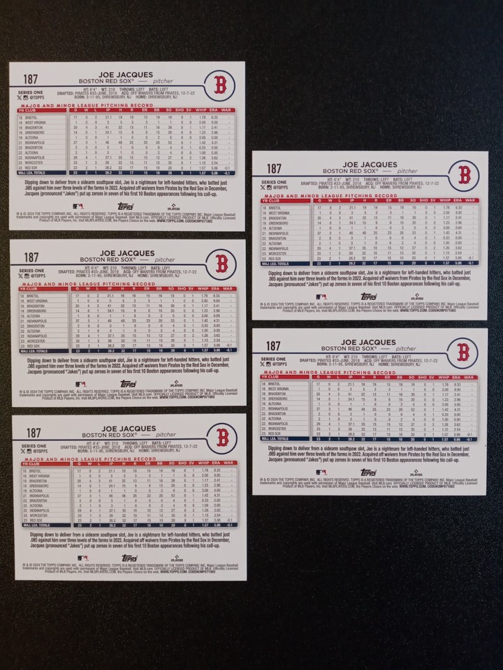 (5) 2024 Topps Joe Jacques RCs # 187 Boston Red Sox | eBay