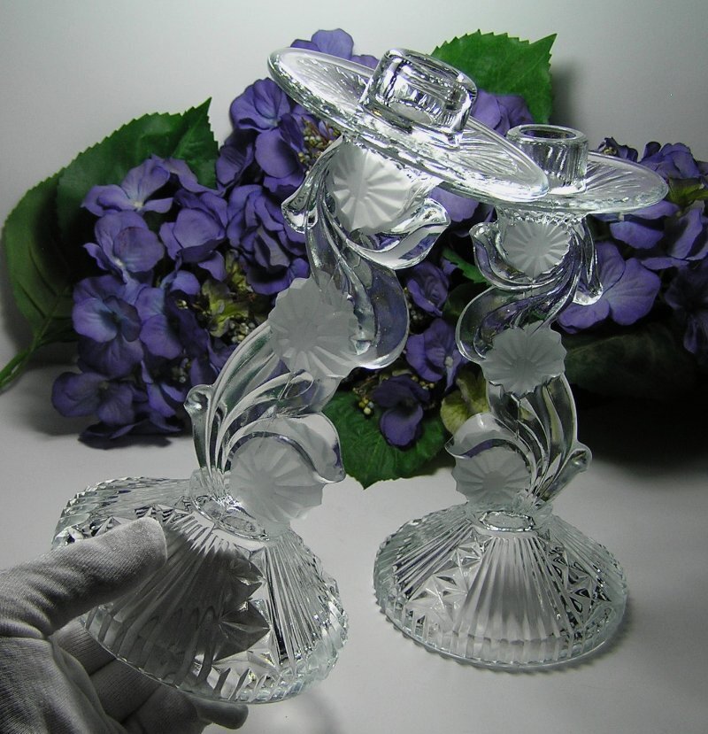 Libochovice SKLO UNION Glass CANDLE HOLDERS #1396 Frosted FLORAL ...