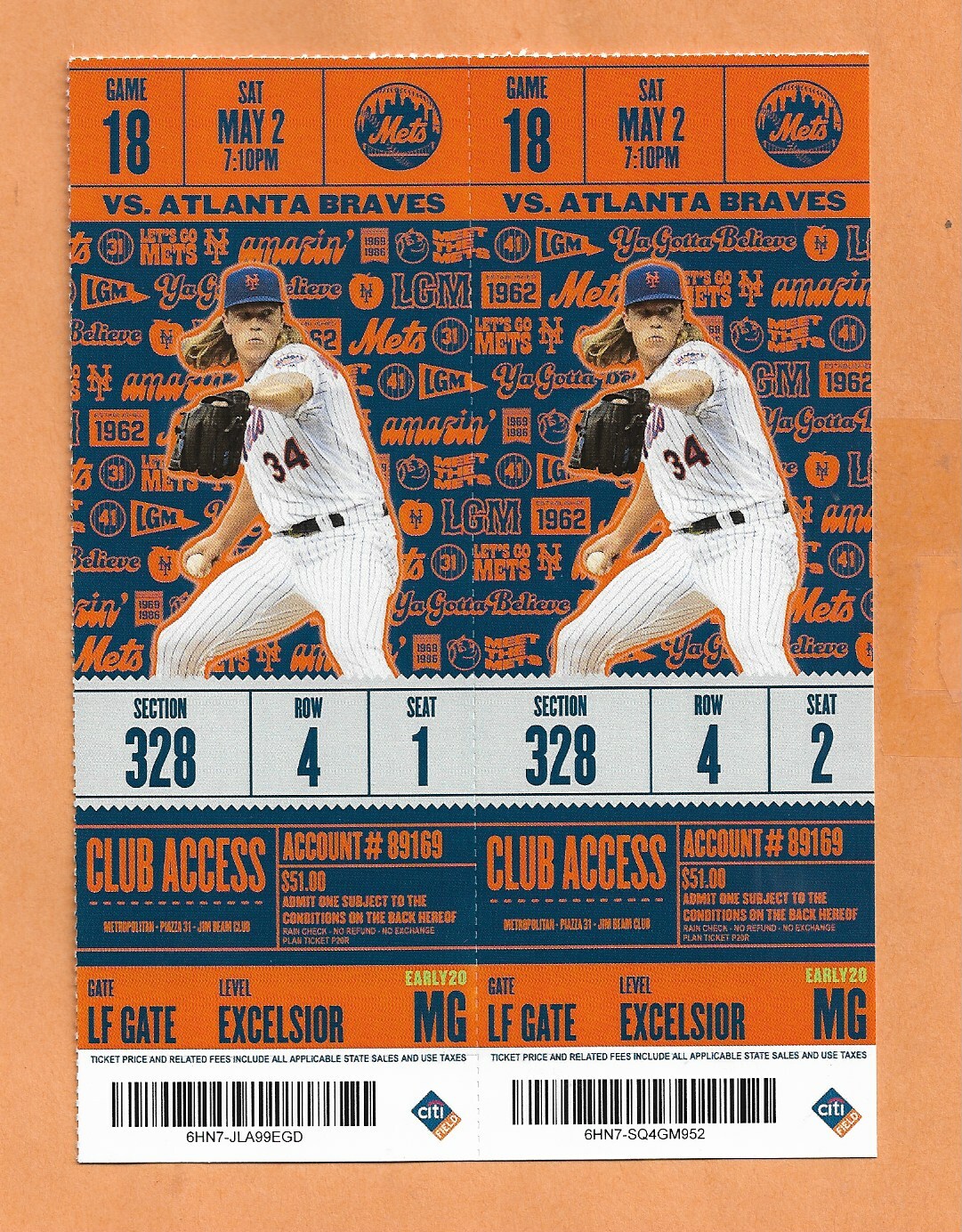 NOAH SYNDERGAARD NY METS VS BRAVES TICKET STUB MAY 2,2020 CANCELLED ...