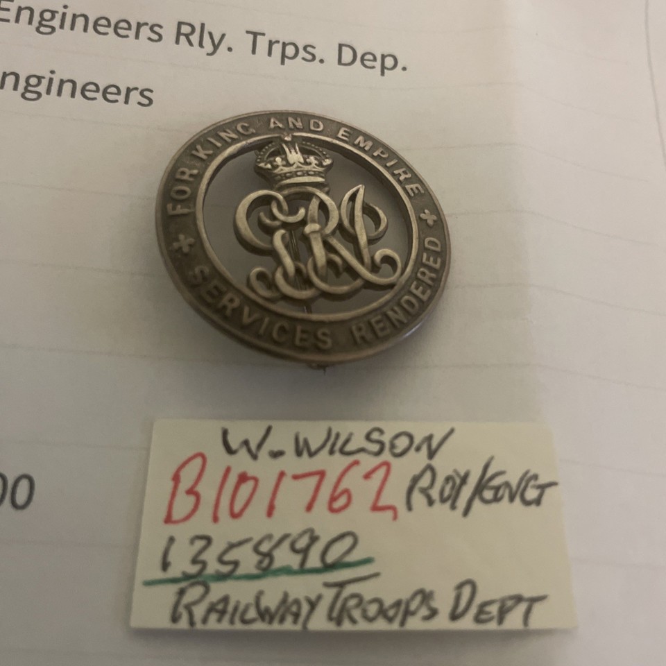 WW1 Silver War Wound Badge B101762- R.E- RAILWAY TROOPS DEPT. Pioneer ...