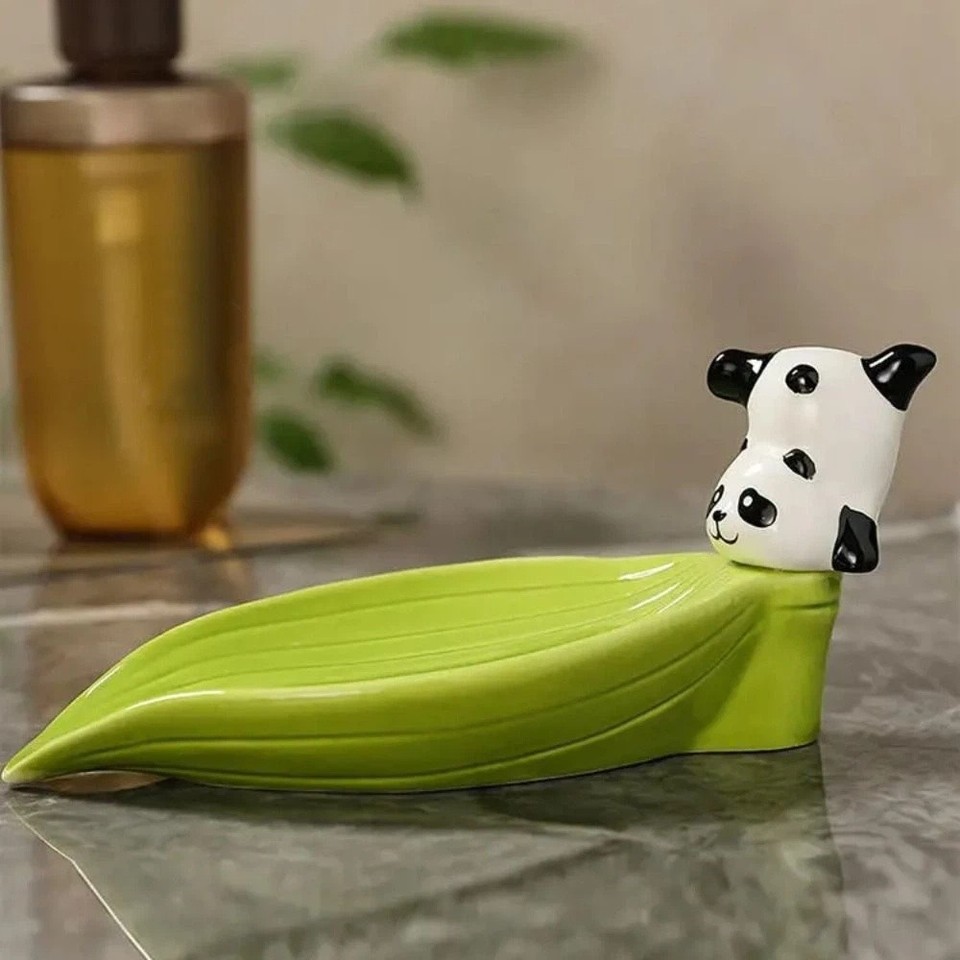 Ceramic Panda Soap Dish Bamboo Soap Rack Green Self Draining Soap ...