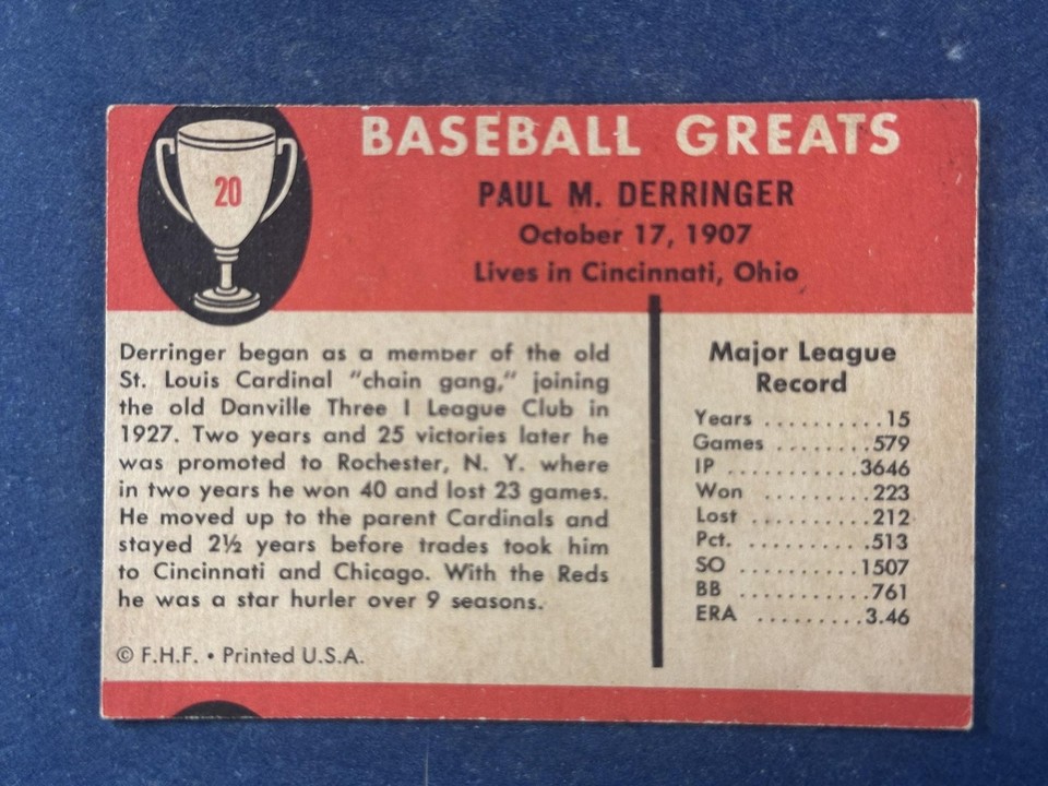 1961 Fleer Baseball Greats (F418-3) #20 Paul Derringer Cincinnati Reds ...