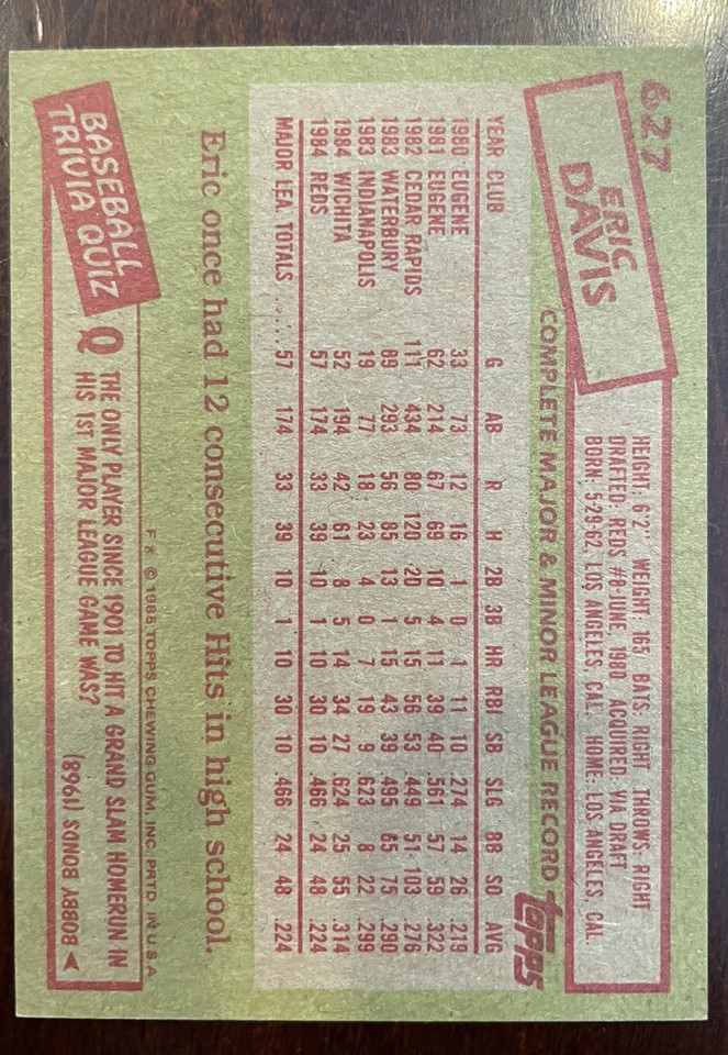 1985 Topps Eric Davis Rookie Card #627 Cincinnati Reds RC Baseball | eBay