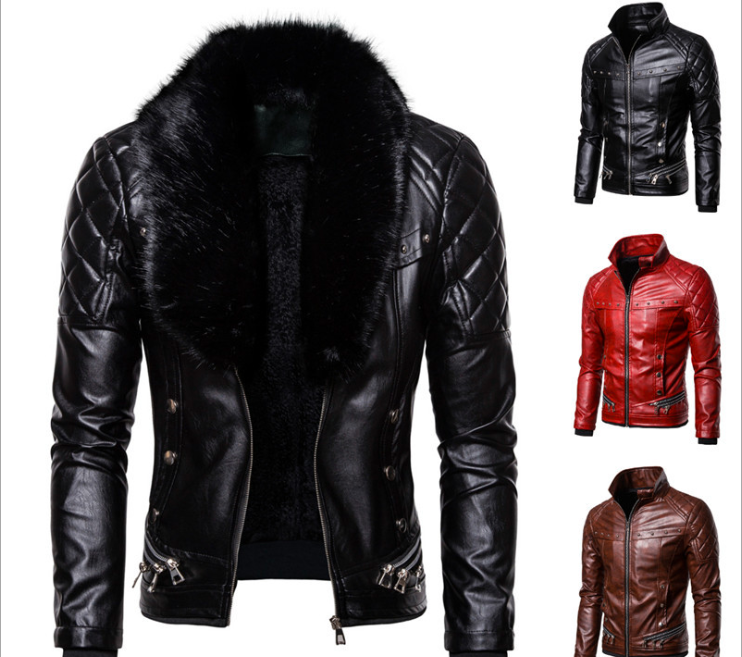 Men's Removable Fur Collar Biker Coat Rivet Motorcycle Jacket Retro ...