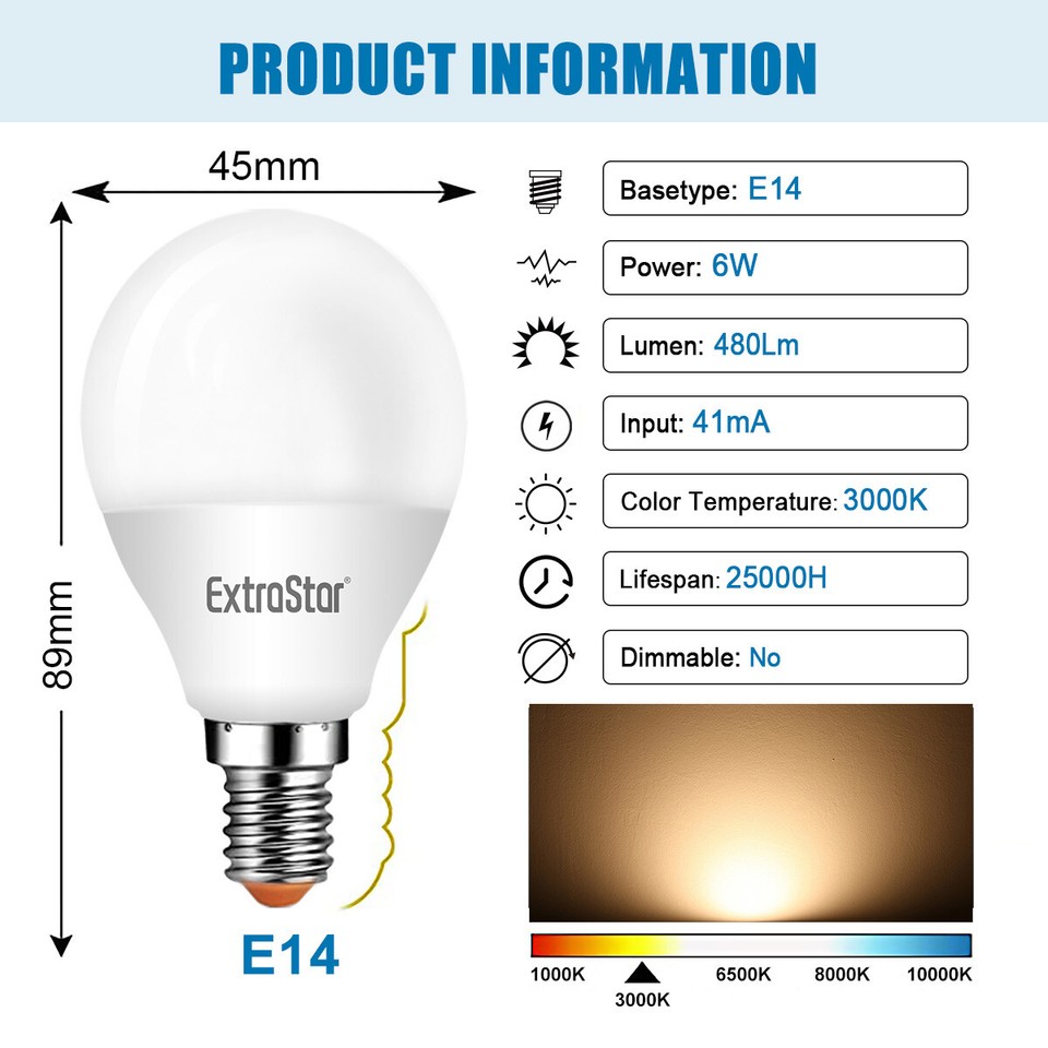 Pack of 6 ,E14 SES LED Golf Round Light Bulb 5W 6W 7W Cold White / Warm ...