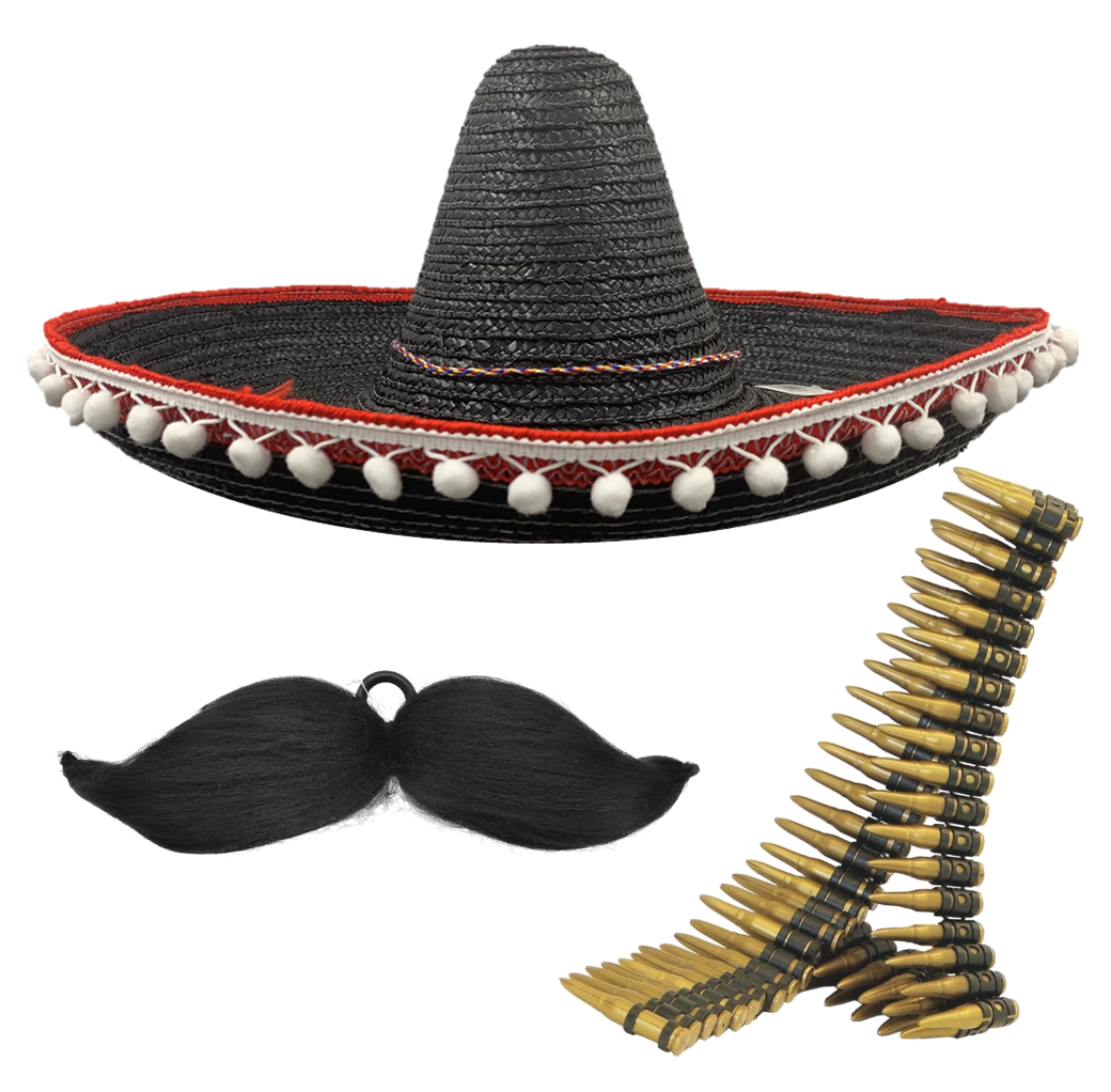 Black Mexican Hat & Bendable Tash & Bullet Belt Fancy Dress Accessory ...