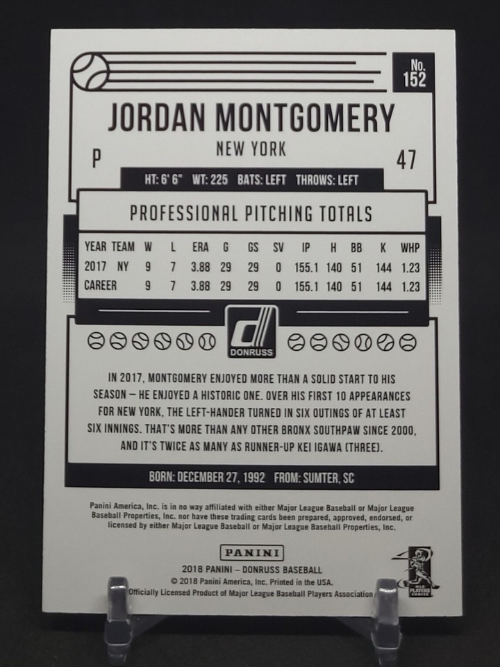2018 Panini Donruss Jordan Montgomery Father’s Day Ribbon Blue /49 #152 ...