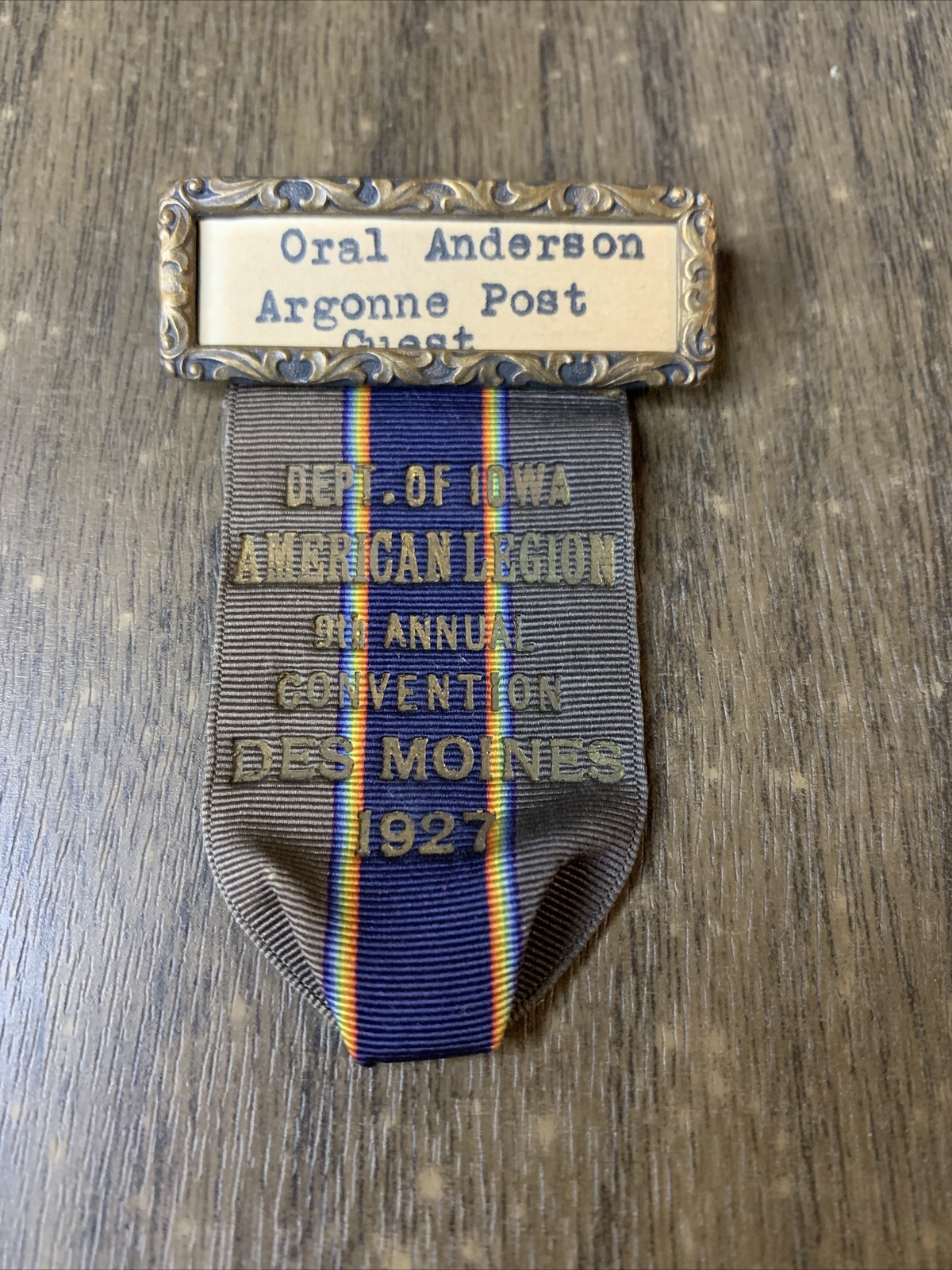 Vtg 1927 Dept Of Iowa American Legion - Des Moines - Name Badge Ribbon ...