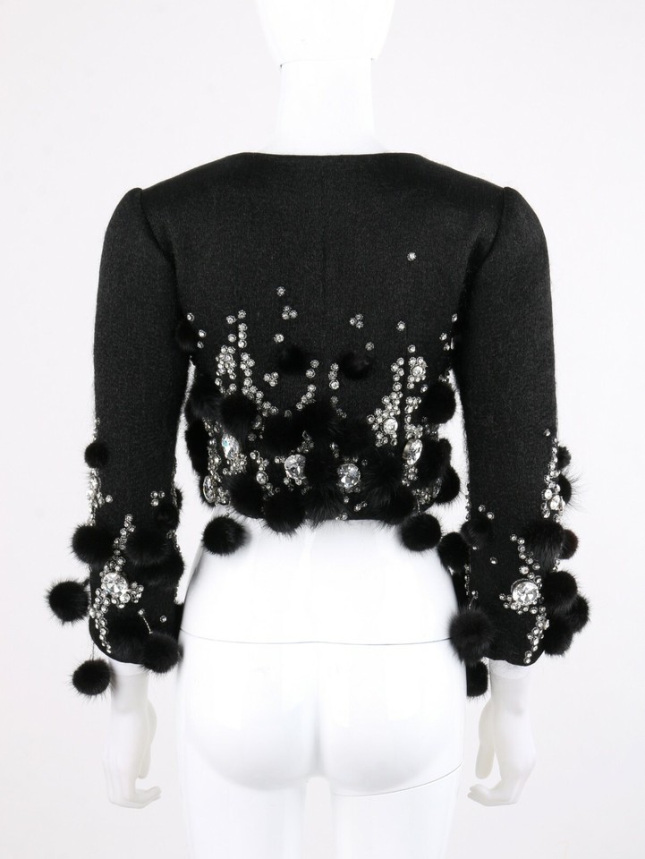 PIERRE BALMAIN Haute Couture Black Crystal Beaded Mink Fur Ball Cropped ...