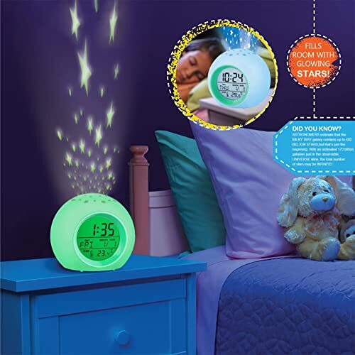 Alarm Clock for Kids,Moon Stars Projector Alarm Clock,7 Color Changing ...