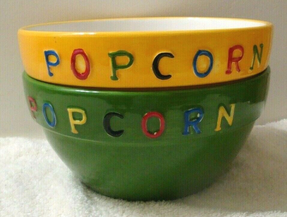 2pc Set Casa Lorren Popcorn Bowls 7" Stackable Yellow Green Popcorn ...