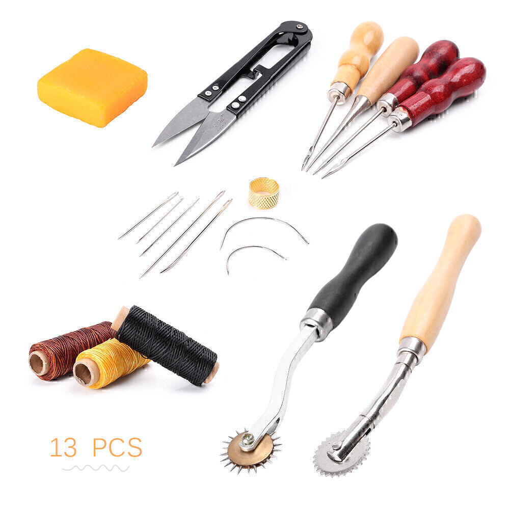 13x Craft Hand Stitching Sewing Tool Leather Stamping Wood Awl Scissors ...