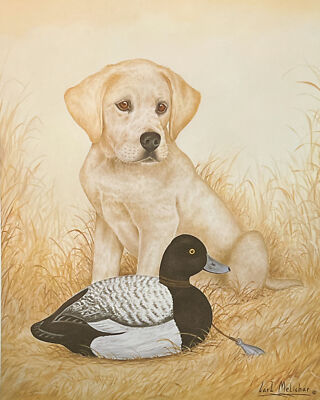 Carl Melichar Hunting Dog Yellow Lab Puppy with Bluebill Decoy S/N (12 ...