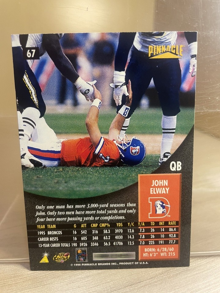 John Elway Quarterback Pinnacle 1996 NFL Card #67 Denver Broncos | eBay