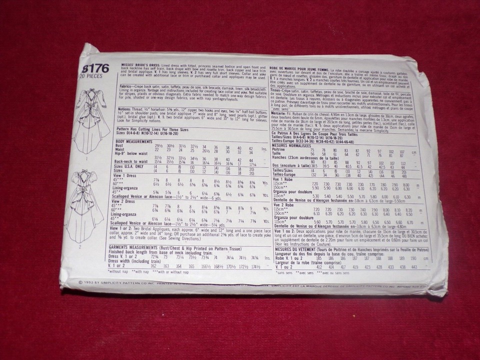 💐1992 SIMPLICITY #8176-LADIES "JESSICA McCLINTOCK" BRIDAL GOWN PATTERN ...