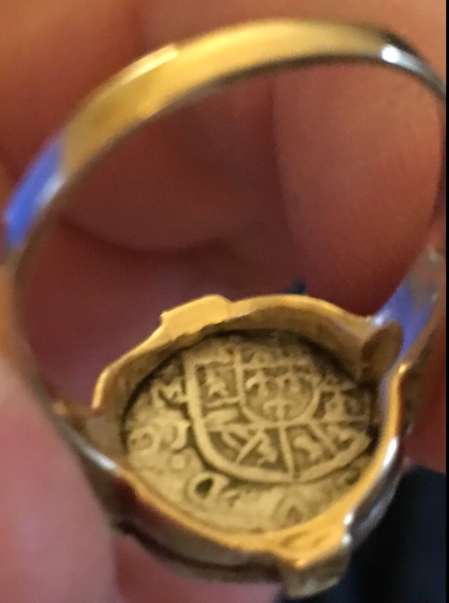 SPAIN 2 ESCUDOS (REPODUCTION) 14K GOLD RING PIRATE GOLD COINS SHIPWRECK ...