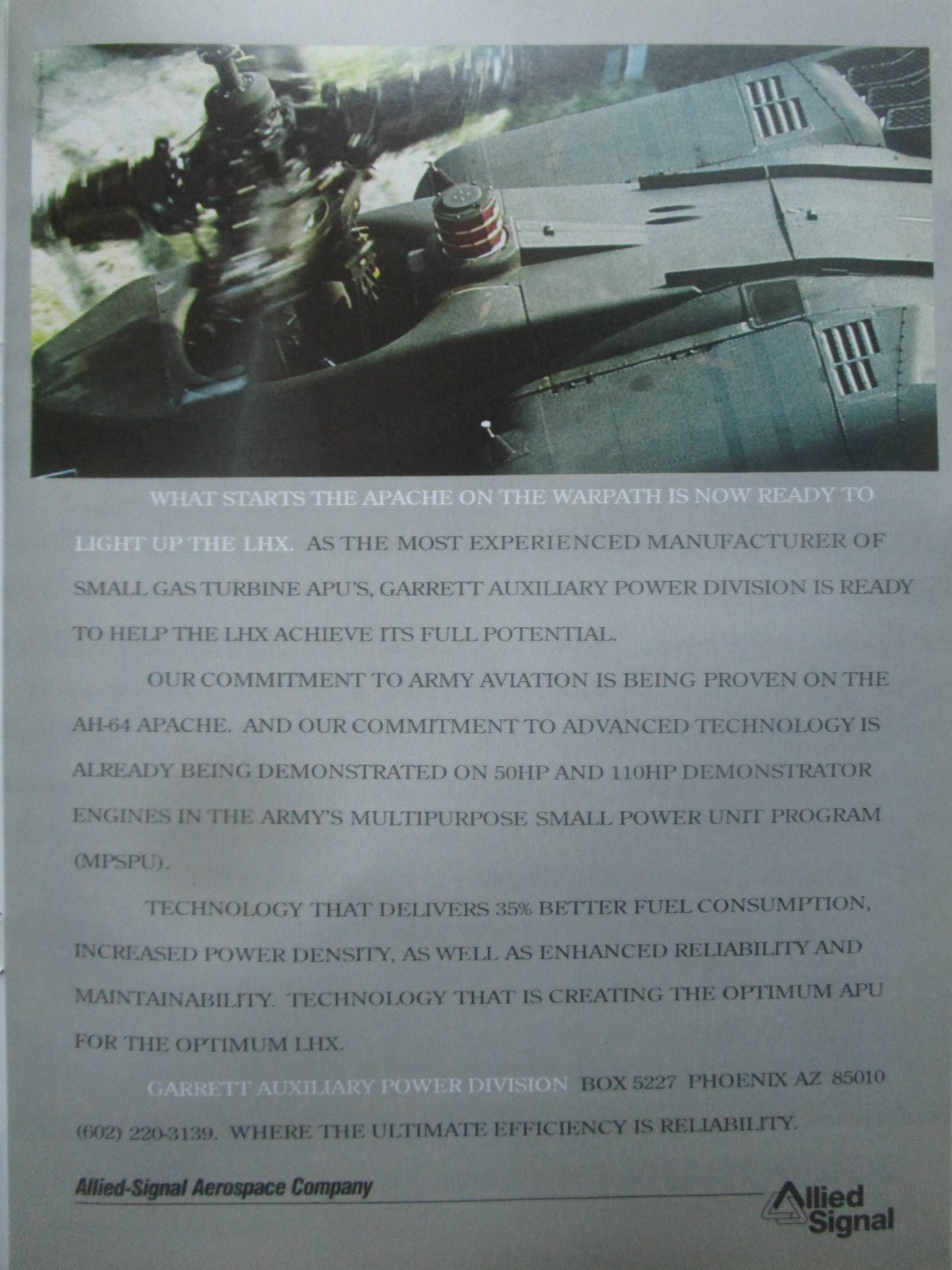 6/1989 PUB ALLIED SIGNAL AEROSPACE GARRETT APU APACHE LHX ORIGINAL AD ...
