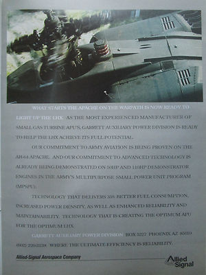 6/1989 PUB ALLIED SIGNAL AEROSPACE GARRETT APU APACHE LHX ORIGINAL AD ...
