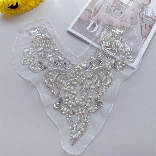 Pearl Beaded Applique Mesh Fabric Trim Patch Craft DIY Sewing Wedding ...