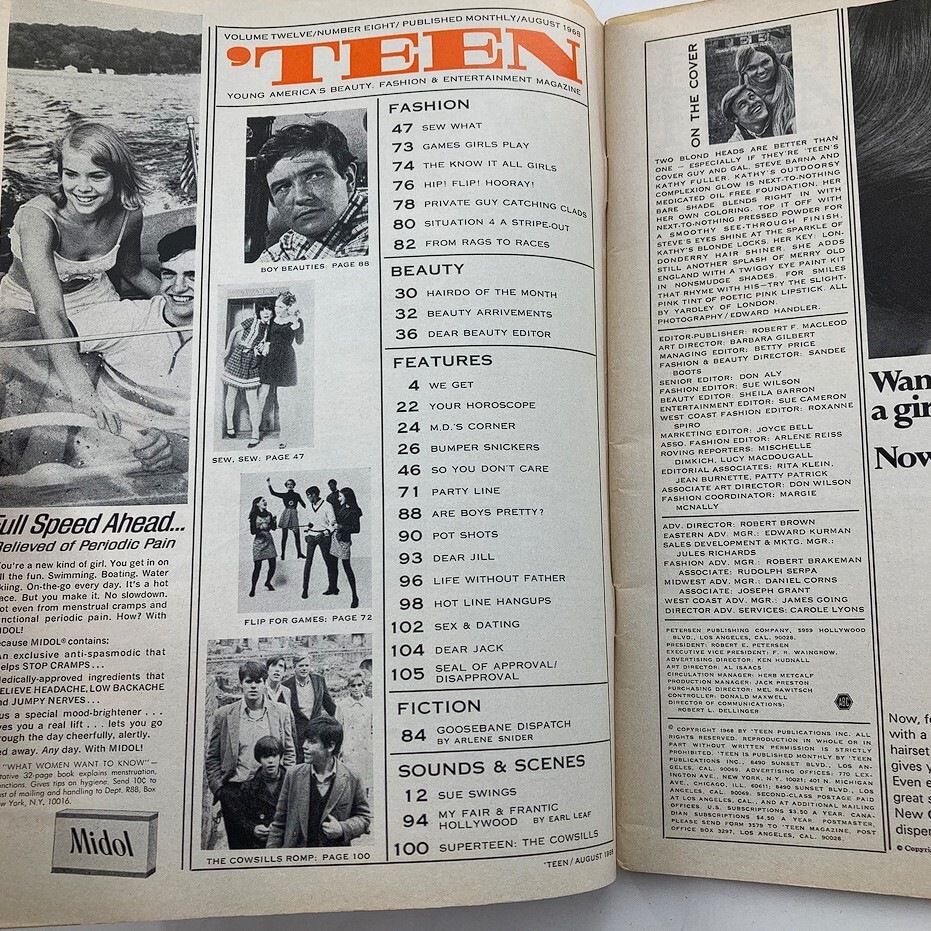 VTG 'Teen Magazine August 1968 Vol 12 #8 Steve Barna and Kathy Fuller ...